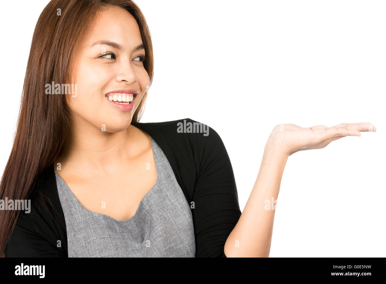 Portrait Asian Woman Hand Out Displaying Product Stock Photo - Alamy Portrait Asian Woman Hand Out Displaying Product Stock Photo - Alamy