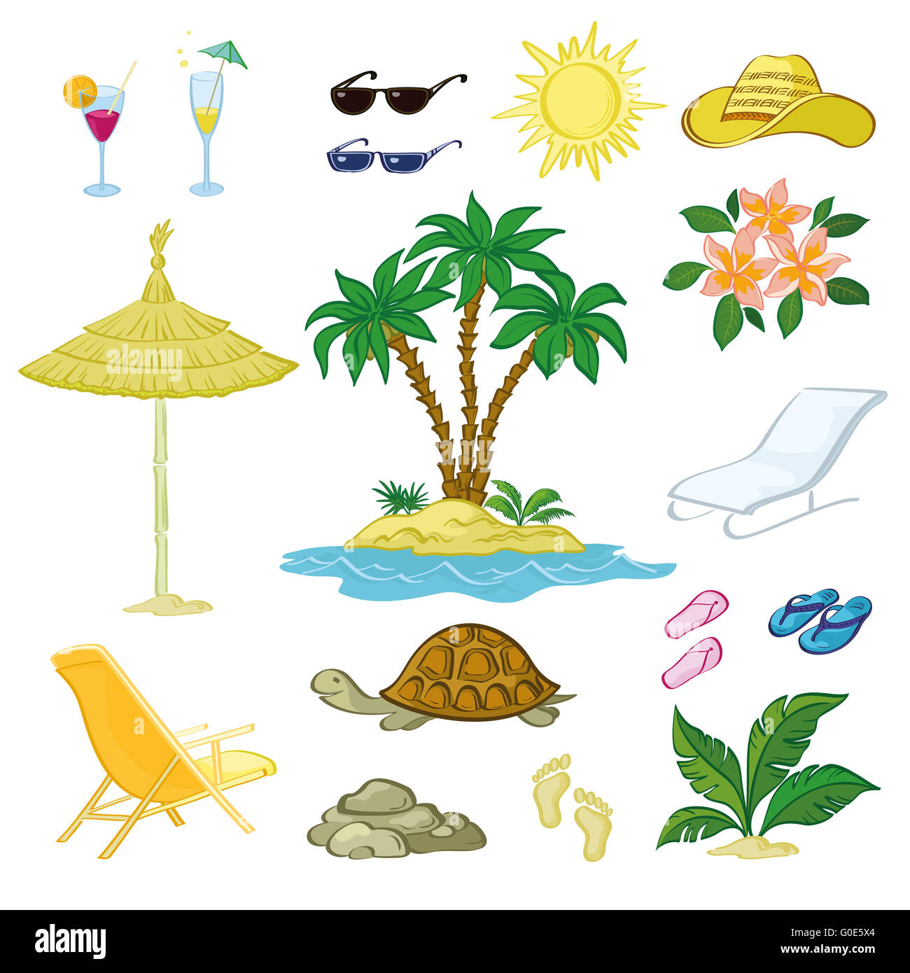 Exotic Set, Palm, Flowers and Beach Objects Stock Photo - Alamy