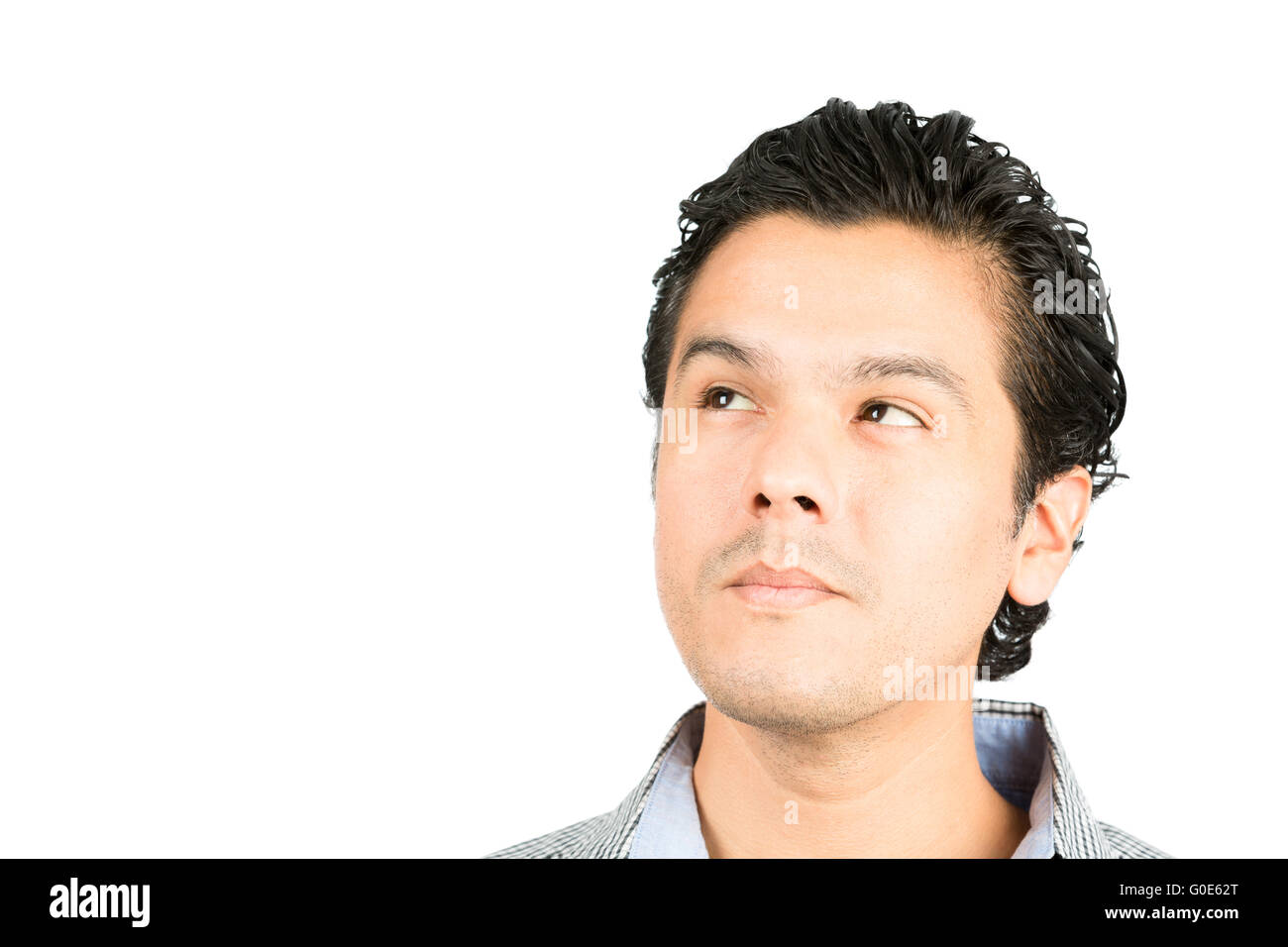 Portrait Hispanic Man Looking Up Copy Space Think Stock Photo - Alamy