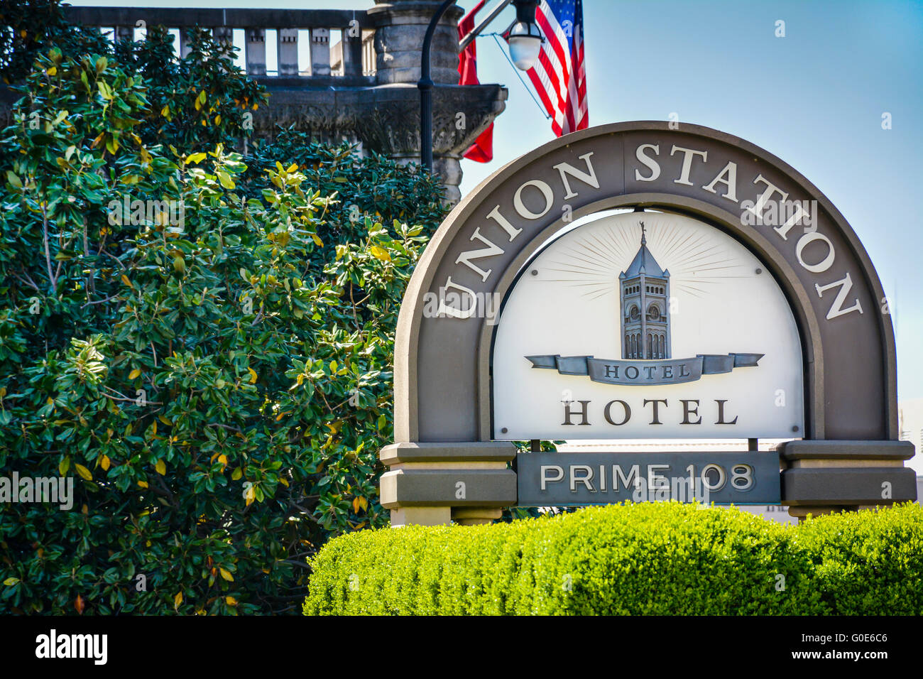 Entrance and sign for the Union Station Hotel in Nashville, TN Stock ...