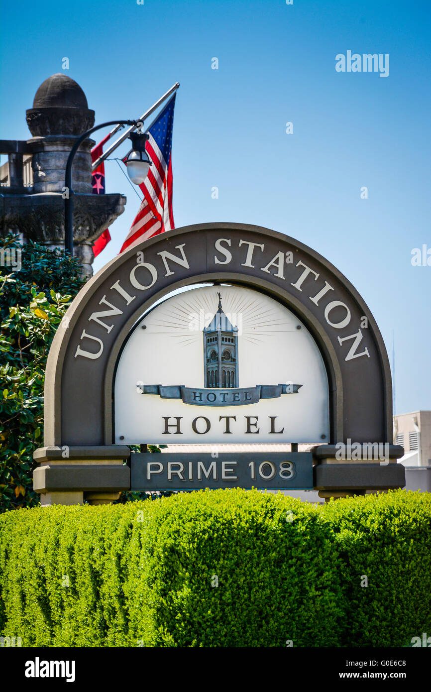 Entrance and sign for the Union Station Hotel in Nashville, TN Stock ...
