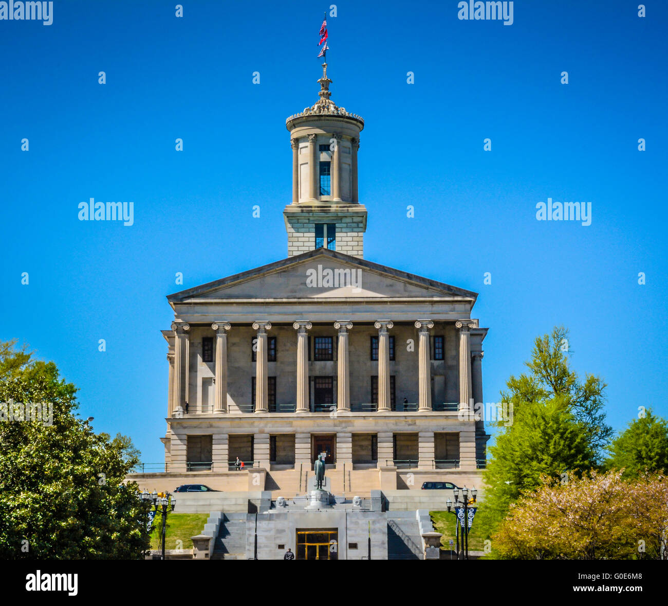 A straight on direct full view of the historic Greek Revival building ...