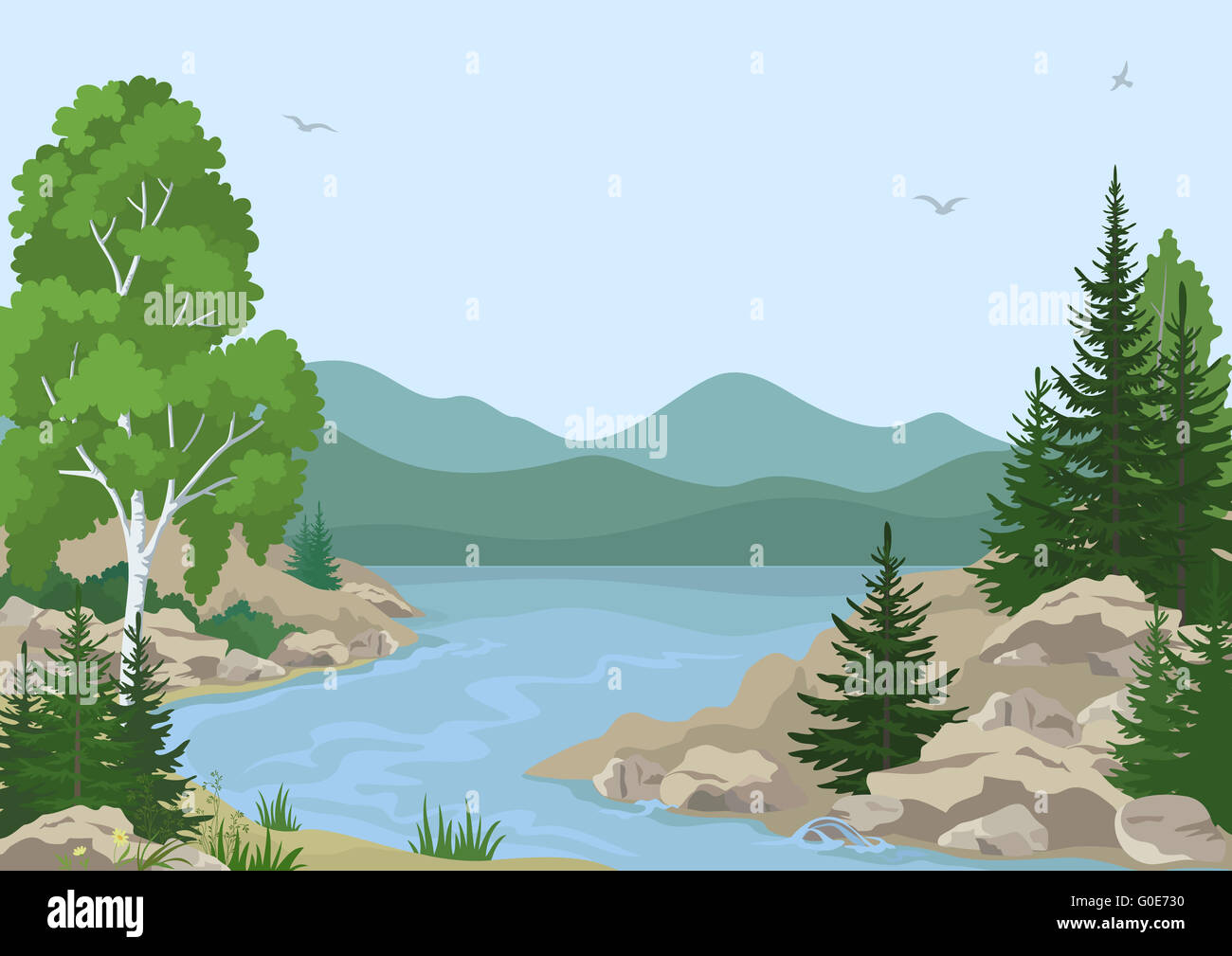 Landscape with Trees and Mountain River Stock Photo - Alamy