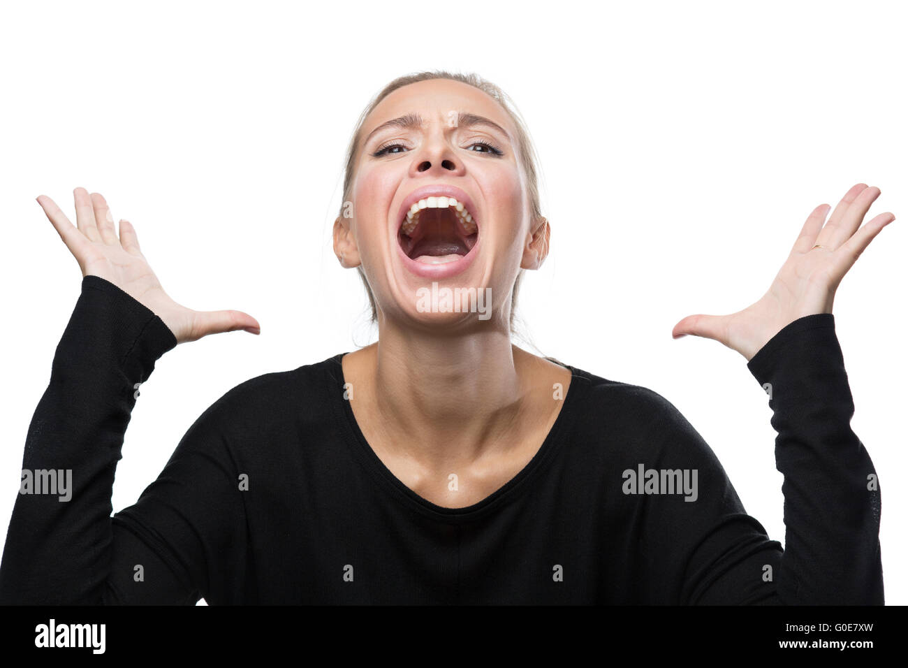 Portrait of stressed woman on white background Stock Photo - Alamy