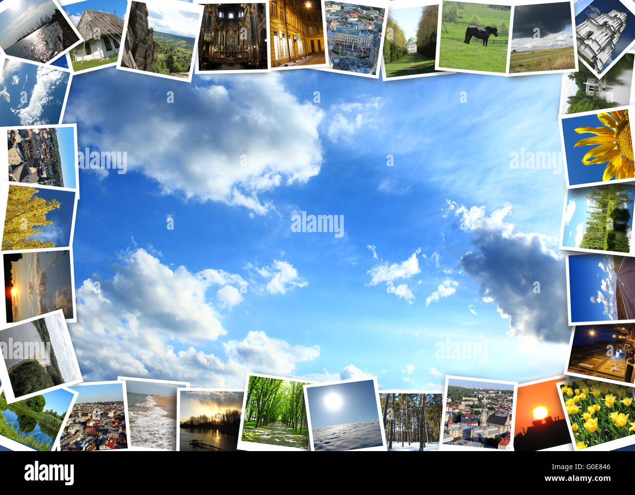 many motley pictures on the blue sky background Stock Photo - Alamy