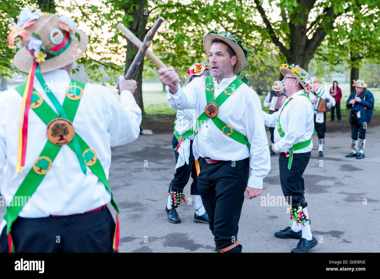 Watford, UK. 1 May 2016. The Woodside Morris Men perform a traditional ...