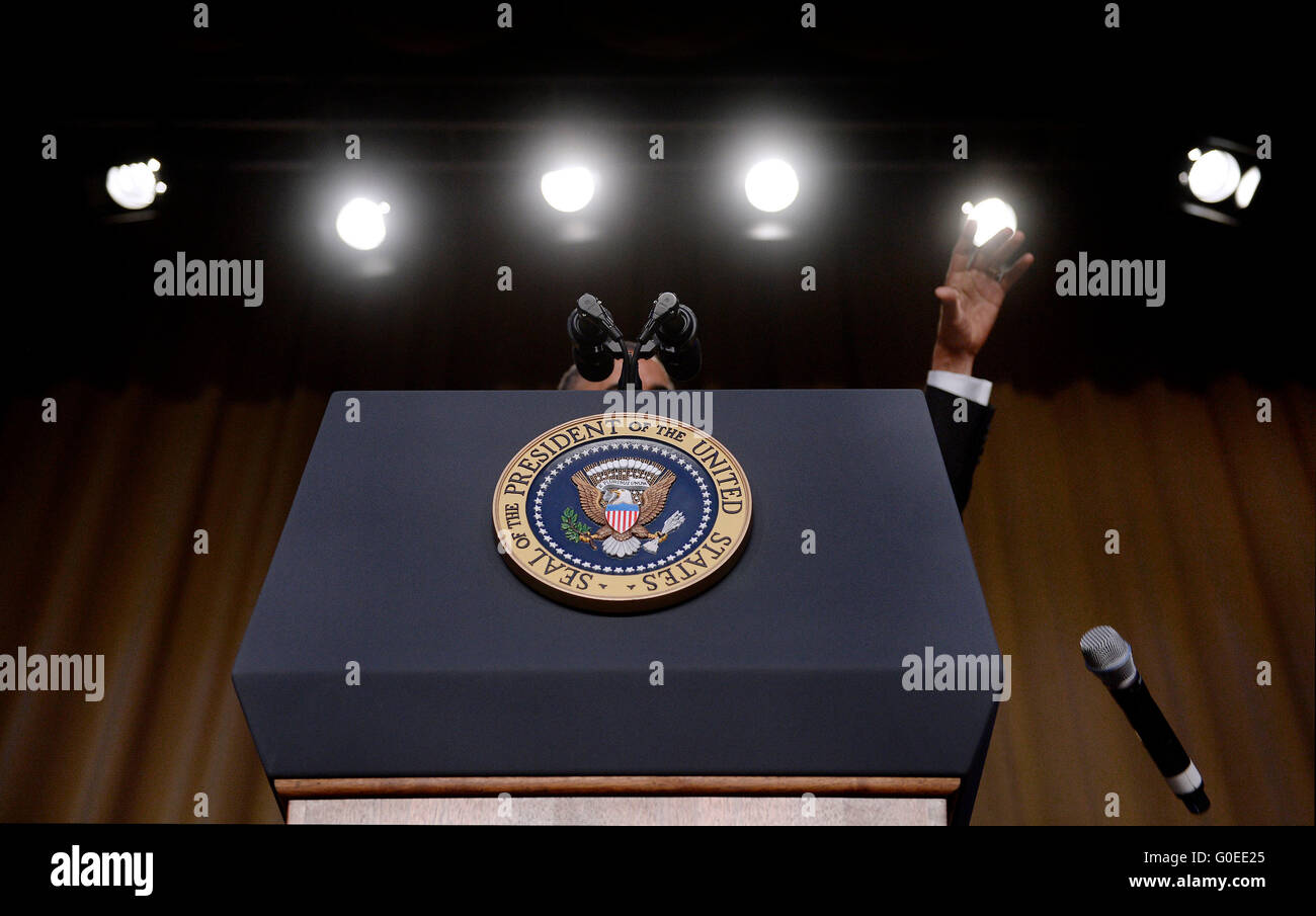 United States President Barack Obama drops the microphone after he ...