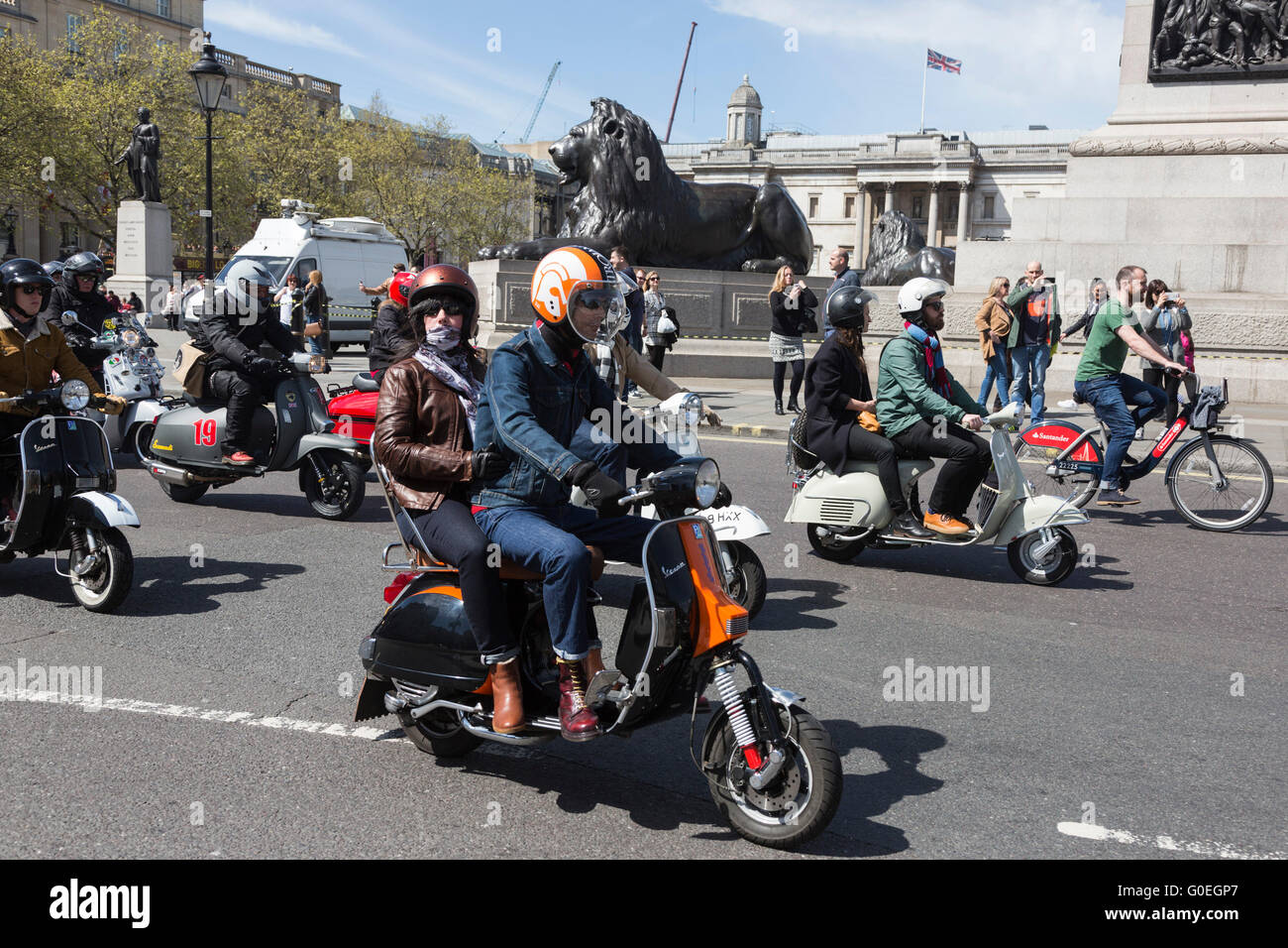 London, UK. 1 May 2016. Scooterists in Trafalgar Square. Hundreds of ...