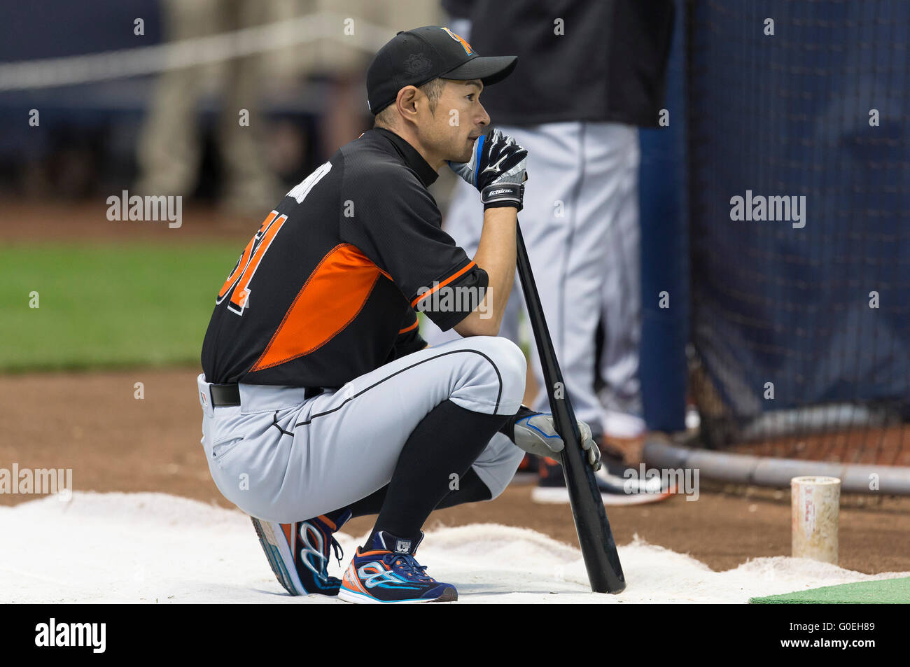 Milwaukee, WI, USA. 30th Apr, 2016. Miami Marlins right fielder Ichiro ...