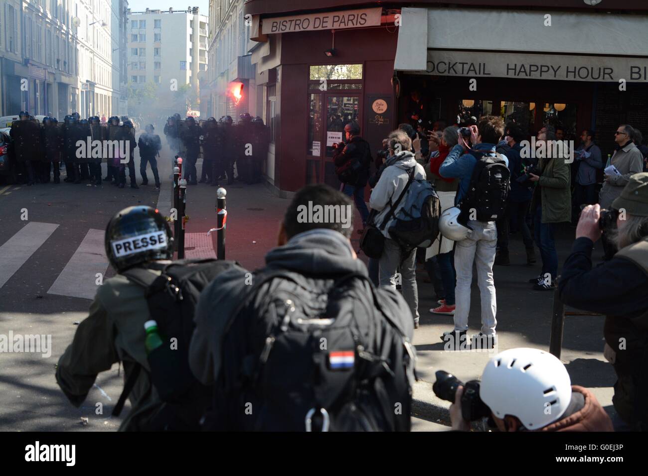Paris, France. 1 May 2016. A flare is thrown back towards the ...