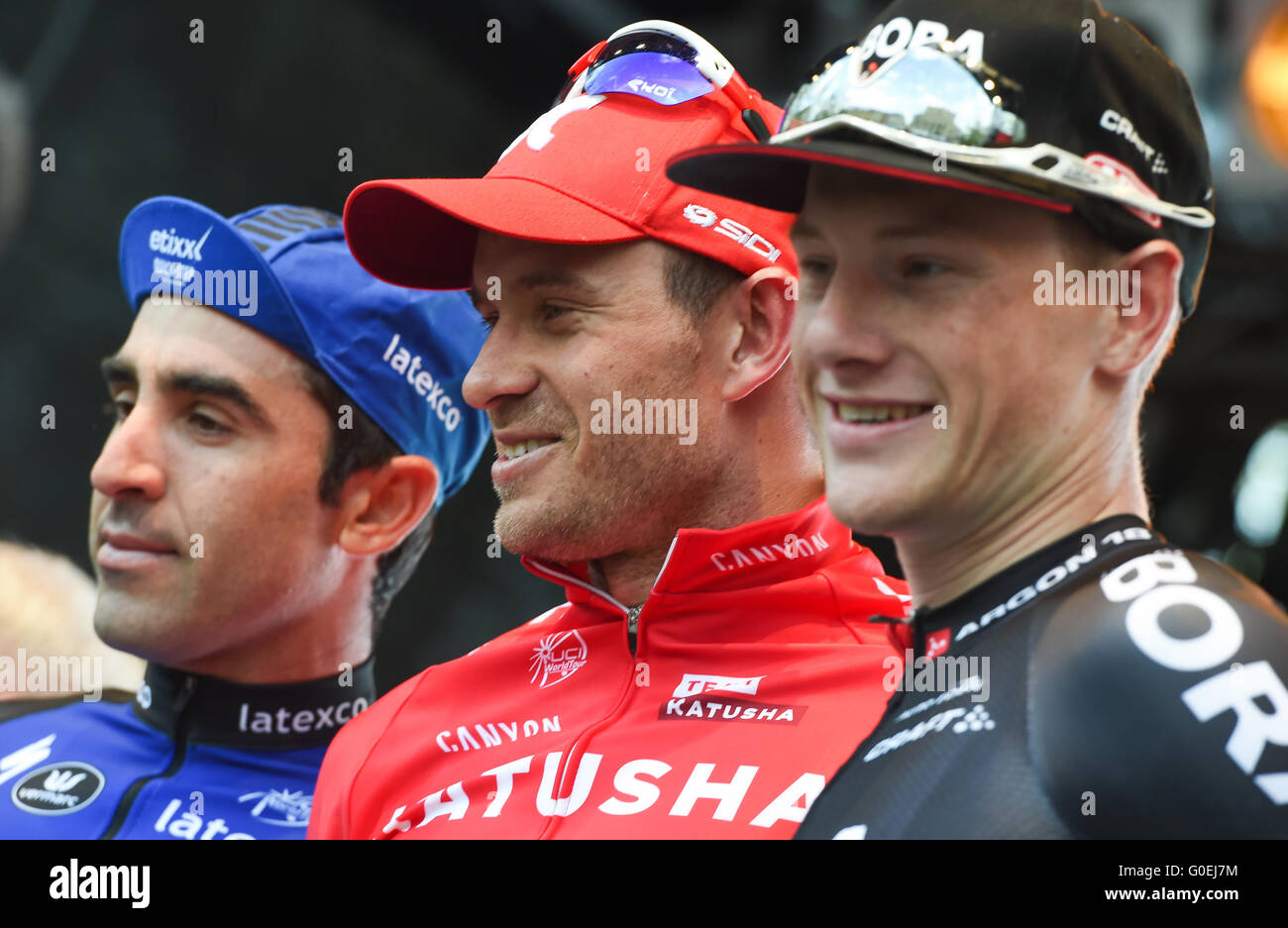 Norwegian winner Alexander Kristoff (C) of Team Katusha celebrates ...