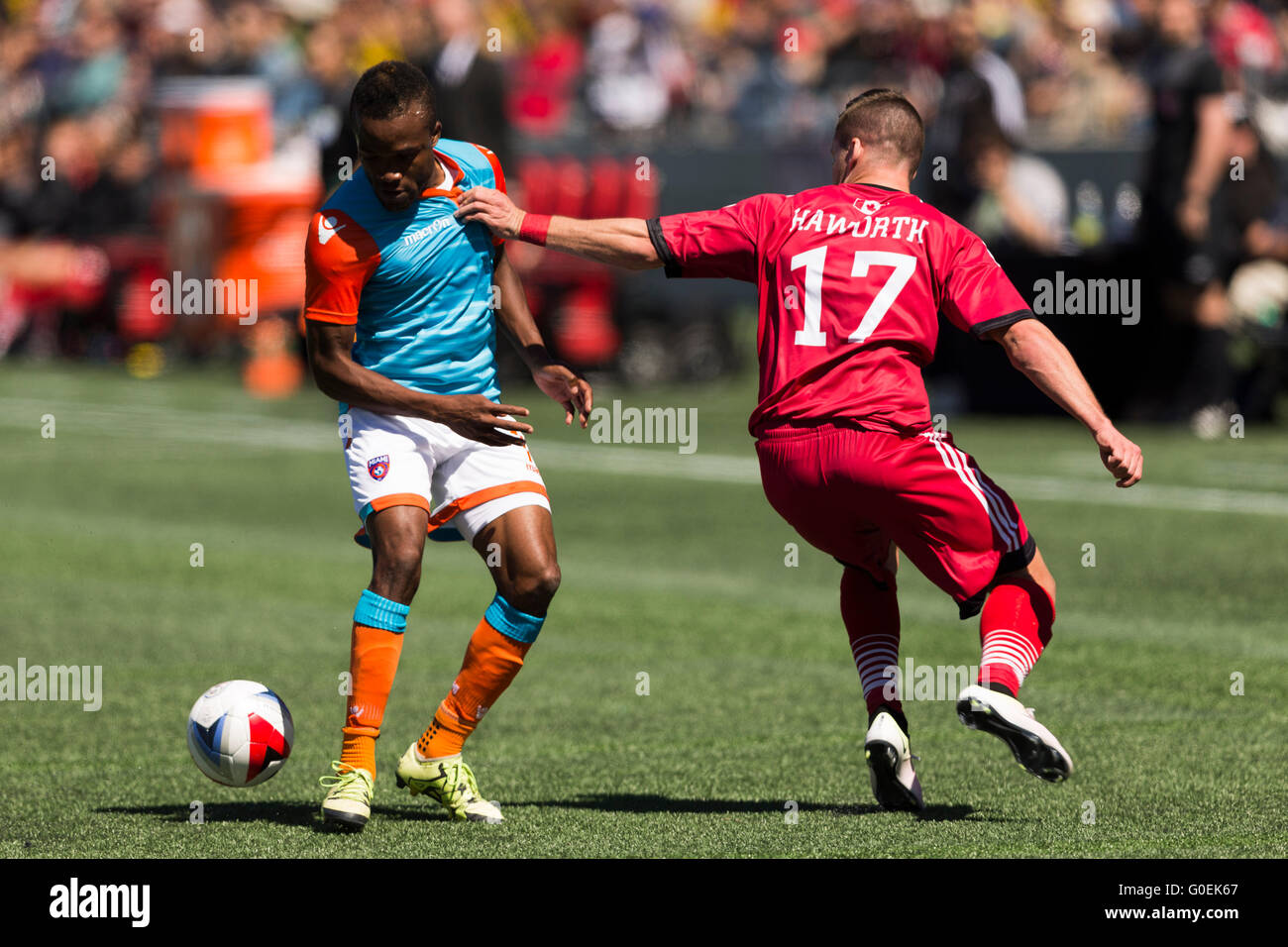 April 30, 2016: Ottawa Fury FC Carl Haworth (17) attempts to defend ...