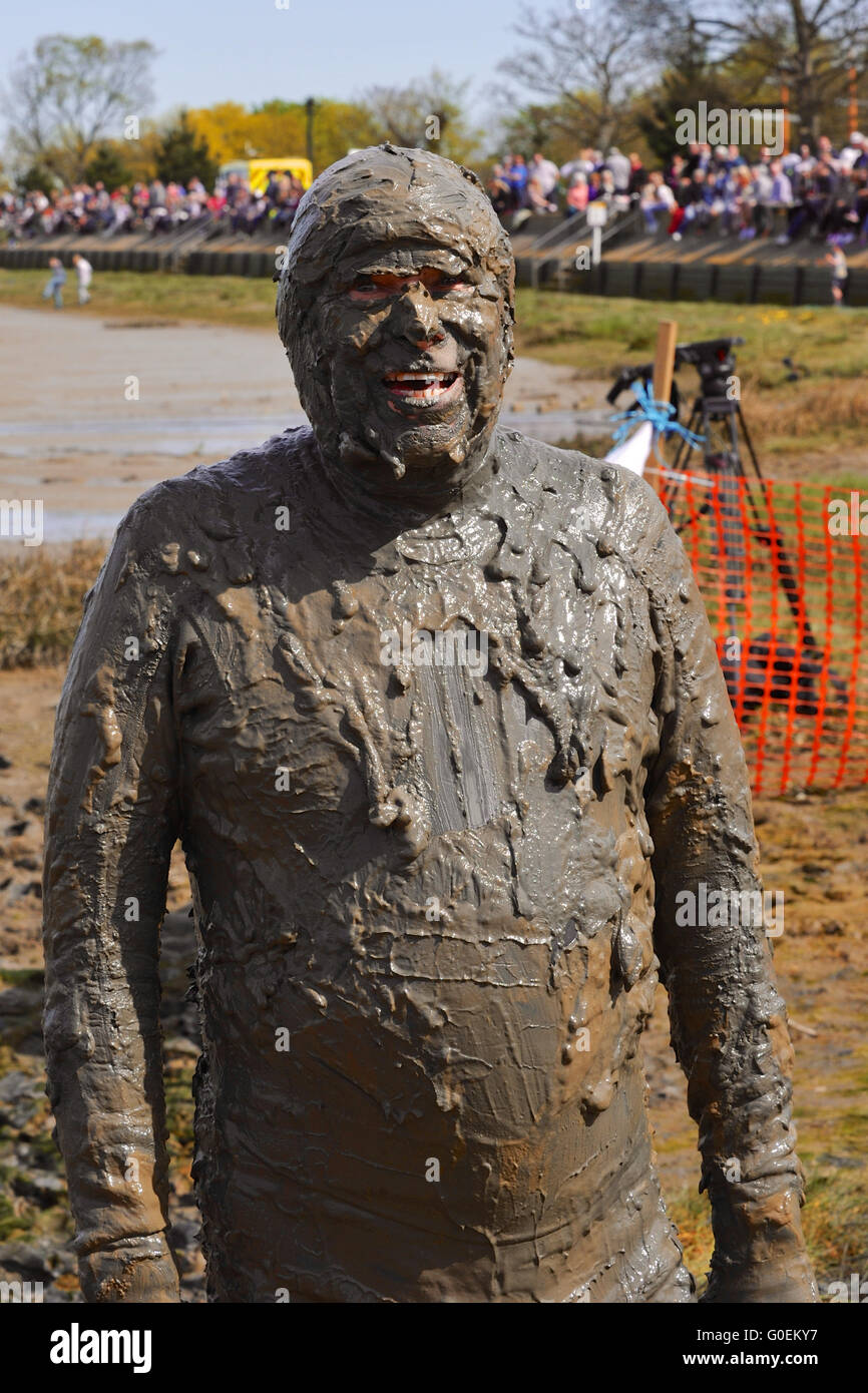 Maldon, Essex, UK. 1st May, 2016. A participant, completely caked in ...