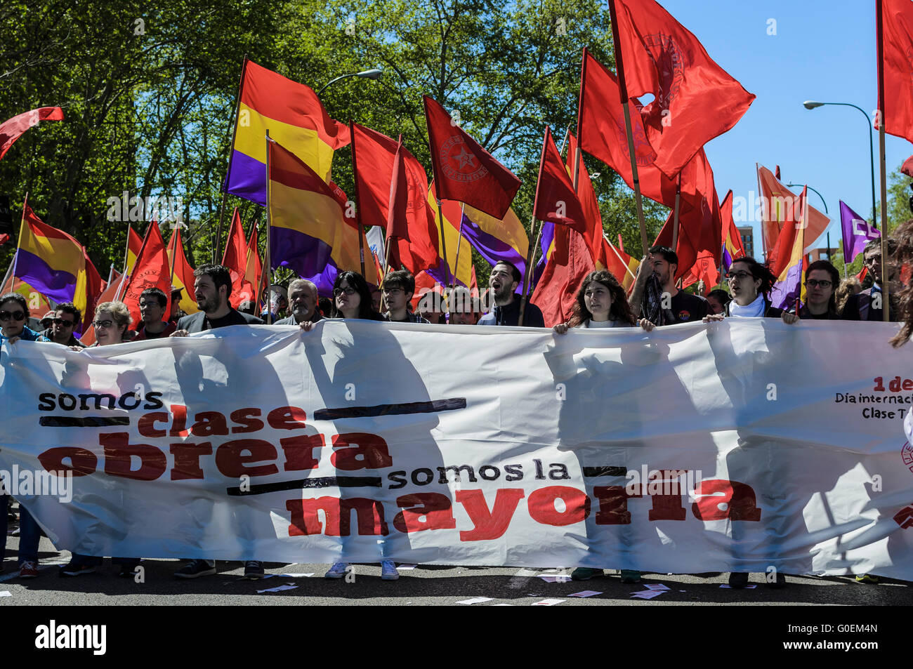 Madrid, Spain, 1 th May 2016. Workers demand with a banner to raise ...