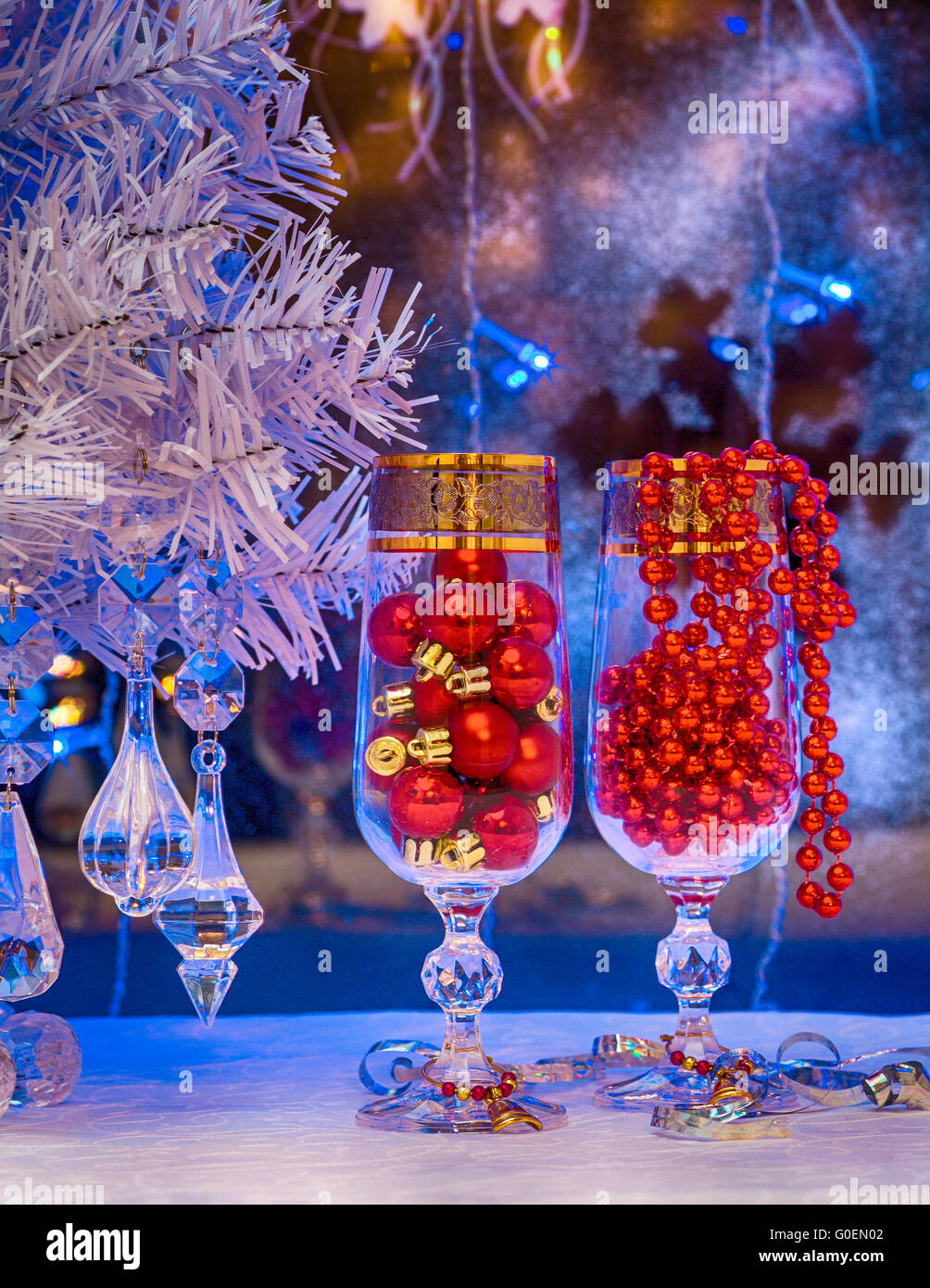 A glass of champagne, Christmas tree, Christmas de Stock Photo - Alamy