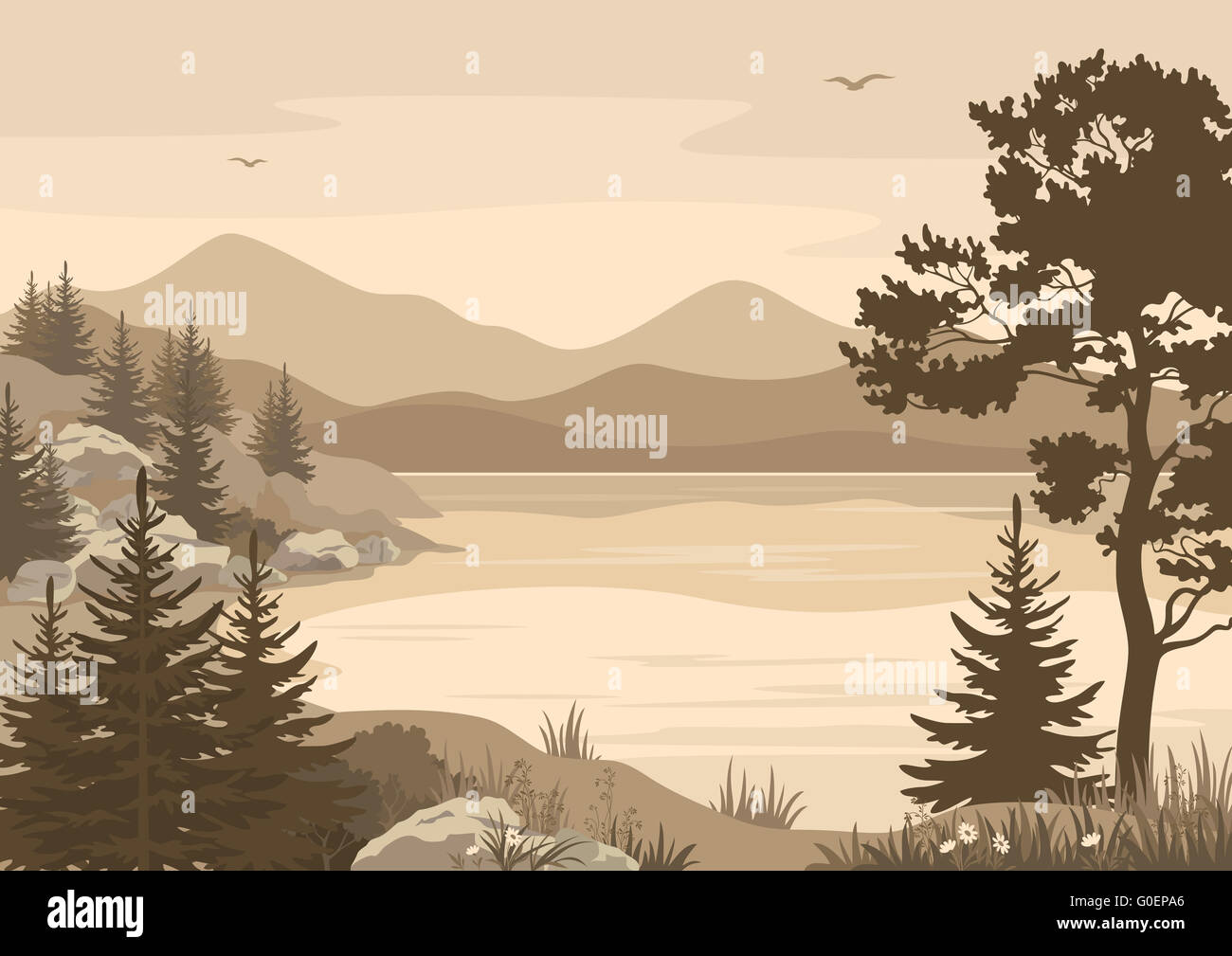 Mountains Landscapes, Lake, Trees and Birds Stock Photo - Alamy