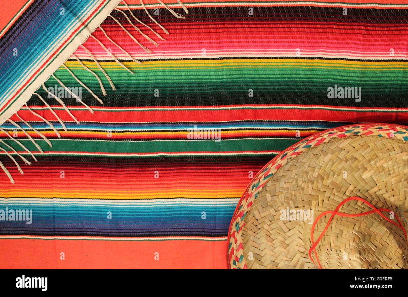 Traditional Mexican fiesta poncho rug and sombrero Stock Photo - Alamy