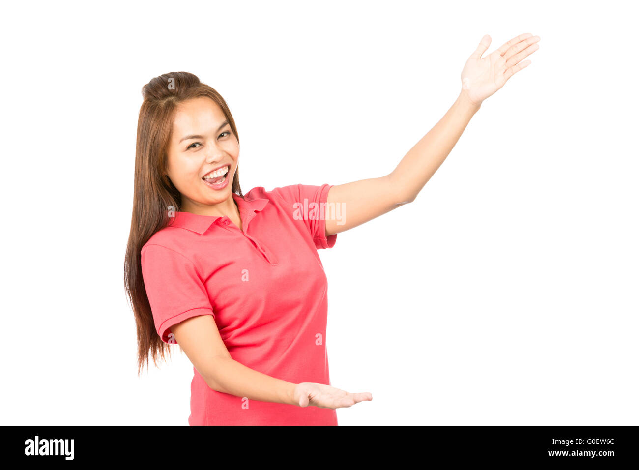 Presenting Product Person Asian Female Half H Stock Photo - Alamy