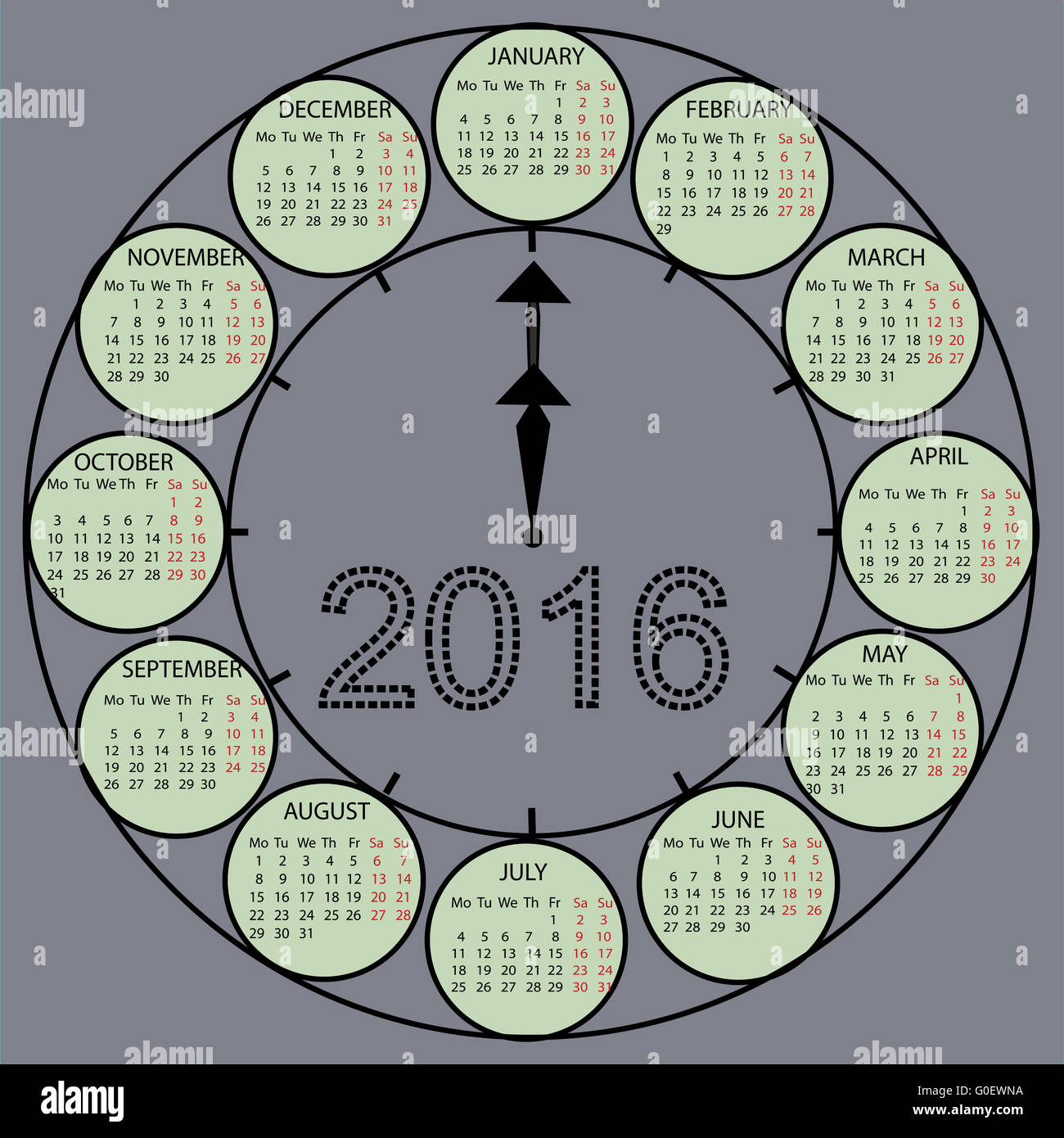 watch dial hands 2016 year vector calendar Stock Photo - Alamy