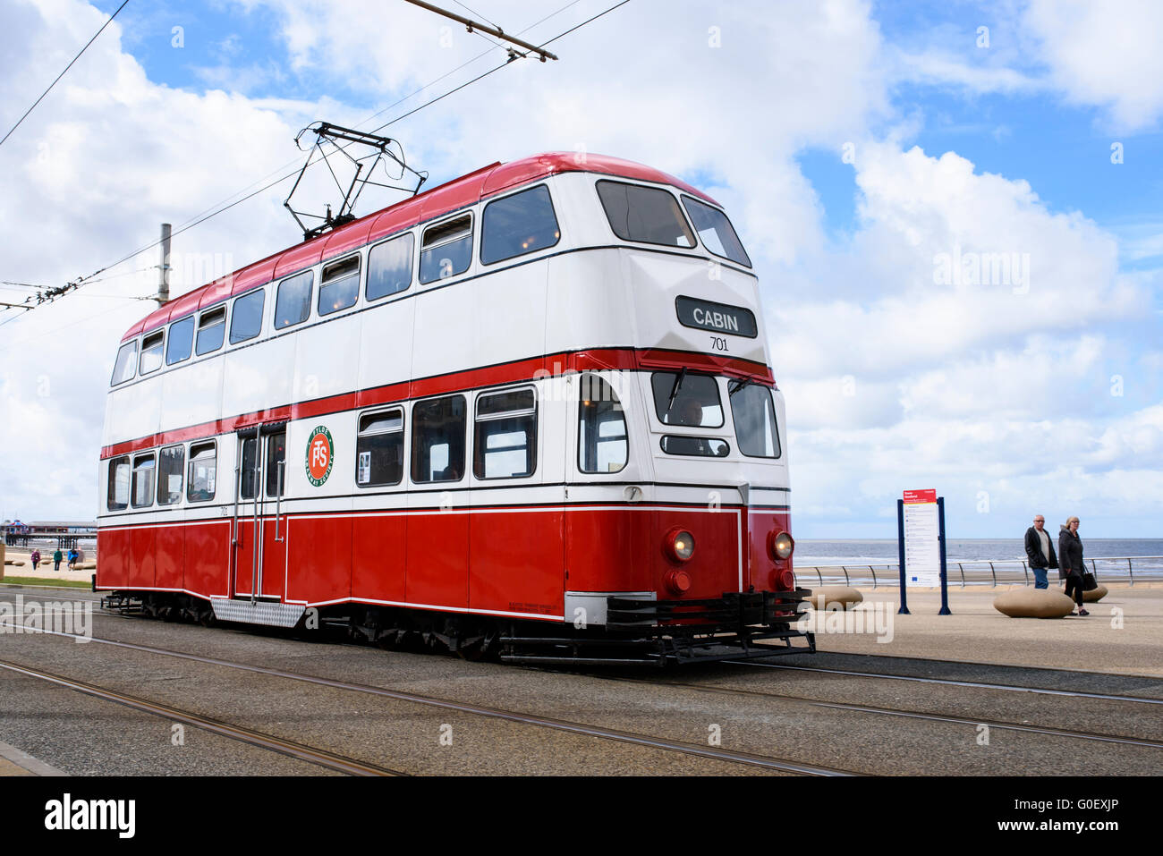 Vintage tram travels along the seafront promenade in Blackpool ...