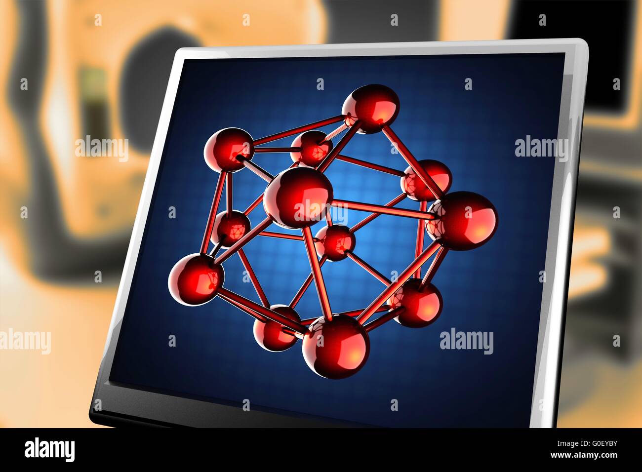 Atom model on blue background at monitor Stock Photo - Alamy