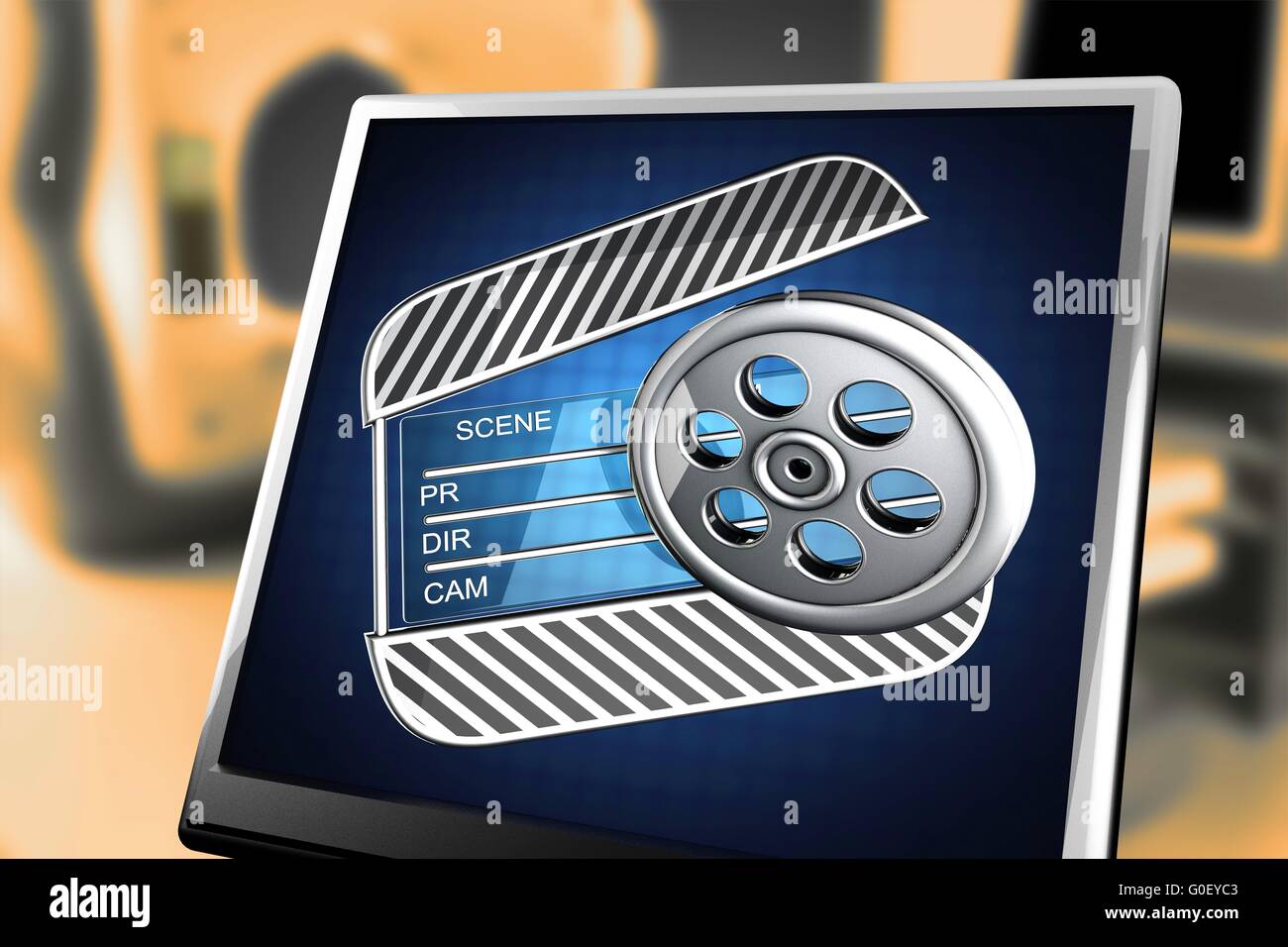 cinema clap on blue background at monitor Stock Photo - Alamy