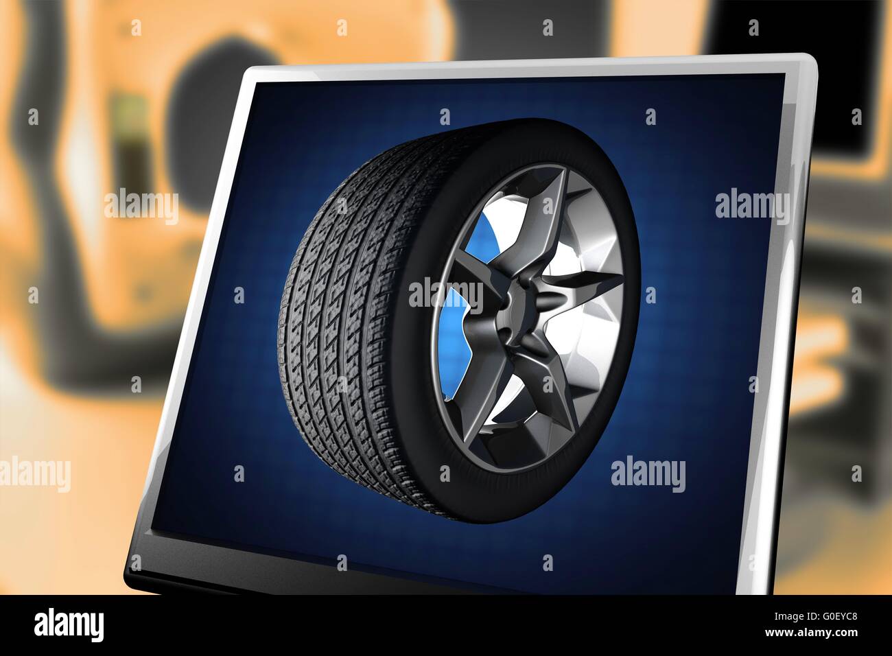 Car wheel on blue background at monitor Stock Photo - Alamy