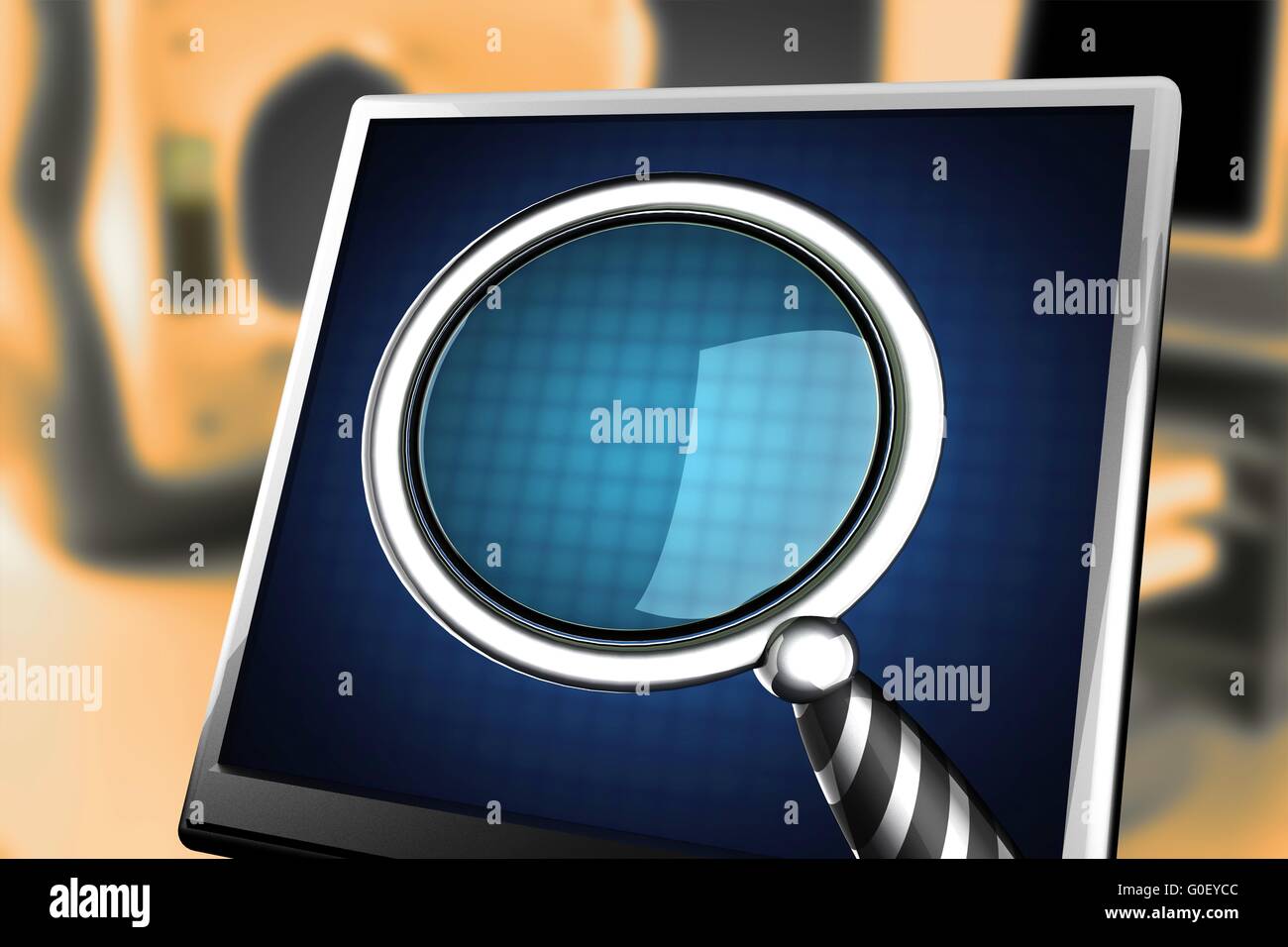 Magnifying Glass on blue background at monitor Stock Photo - Alamy