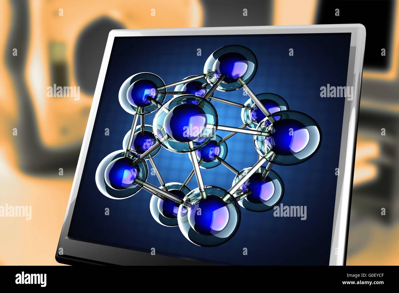 Atom model on blue background at monitor Stock Photo - Alamy