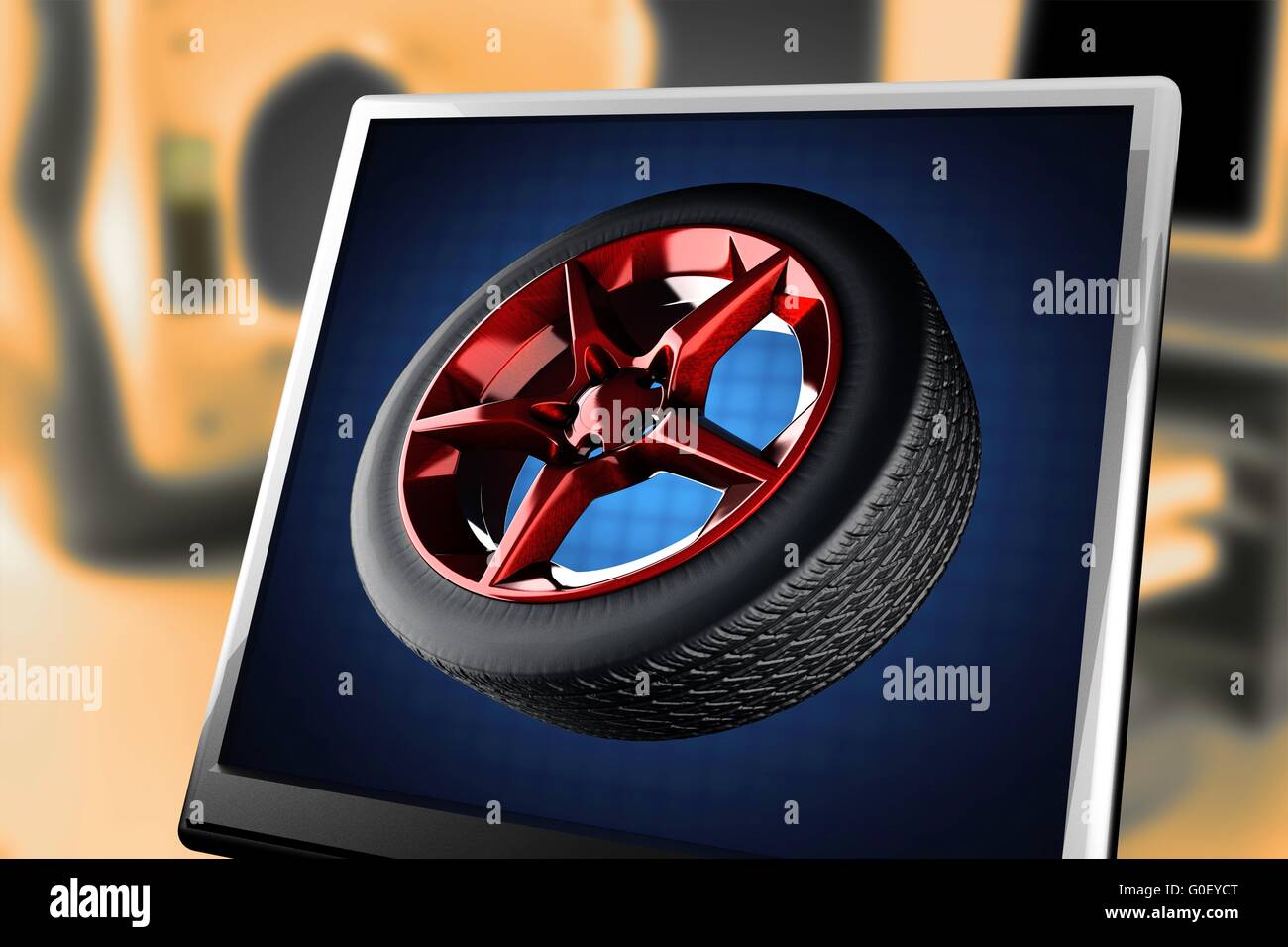 Car wheel on blue background at monitor Stock Photo - Alamy