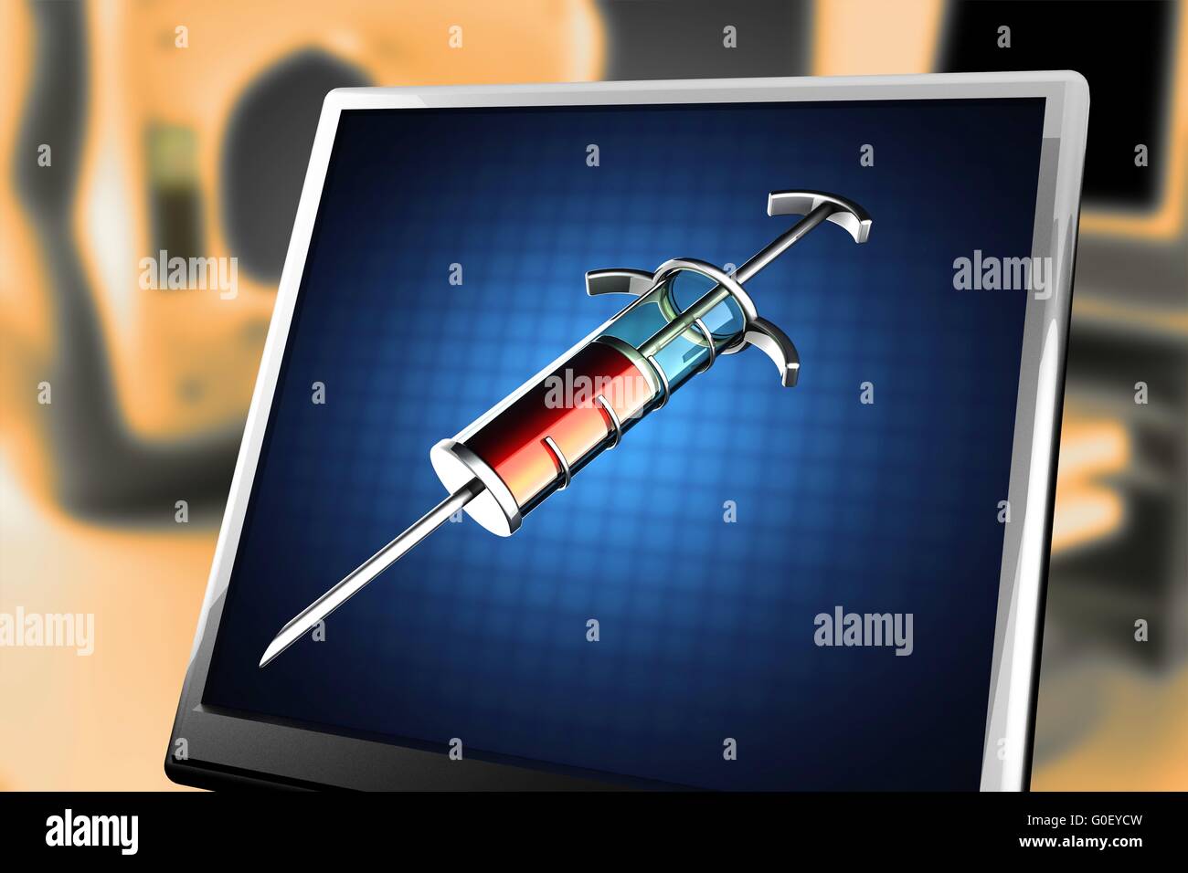 Glass syringe on blue background at monitor Stock Photo - Alamy