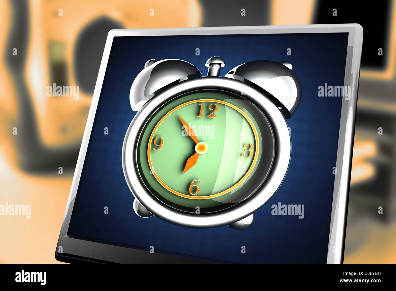glossy alarm clock at monitor Stock Photo - Alamy