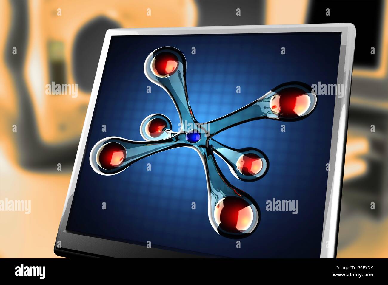 Atom model on blue background at monitor Stock Photo - Alamy