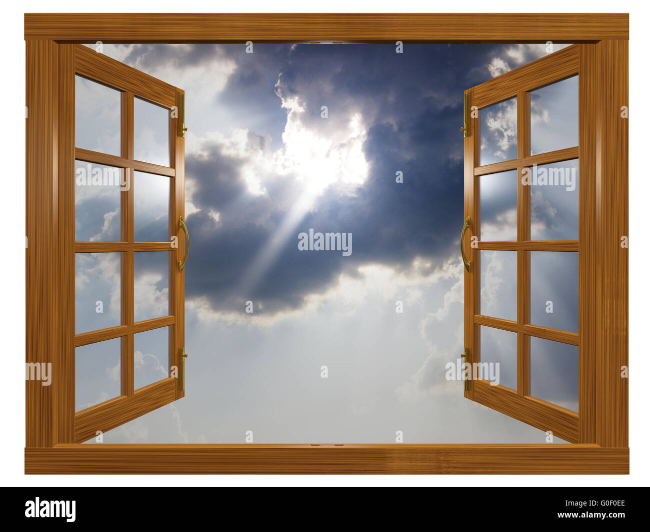 Sunburst Cloudscape through Open Wood Window Stock Photo - Alamy