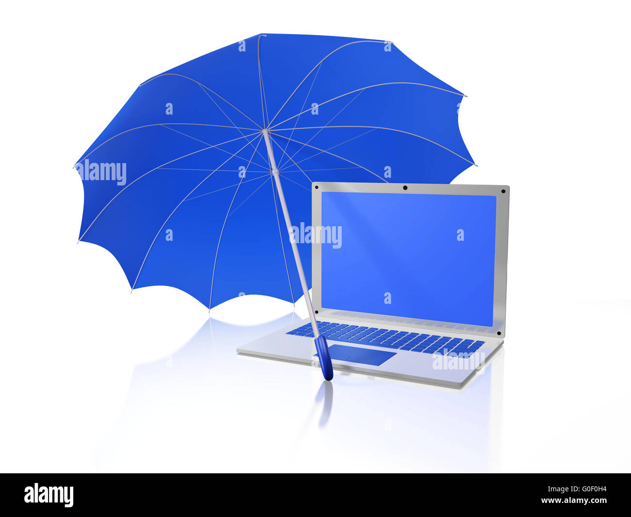 White Laptop Under Blue Umbrella Stock Photo - Alamy