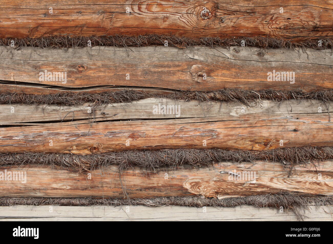 wall of the old logs caulking hemp Stock Photo - Alamy