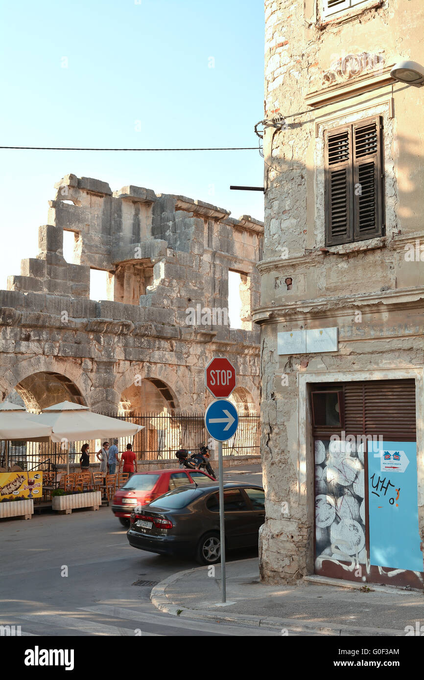 street scene at the Arena in the old Town of Pula in Croatia Stock ...