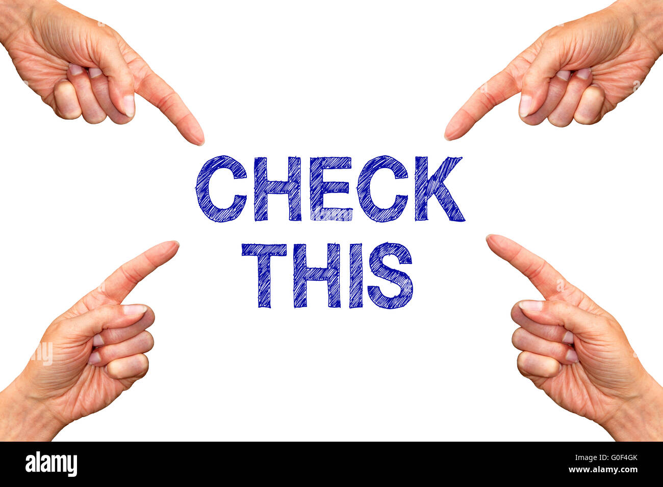 Check this - hands with text Stock Photo - Alamy