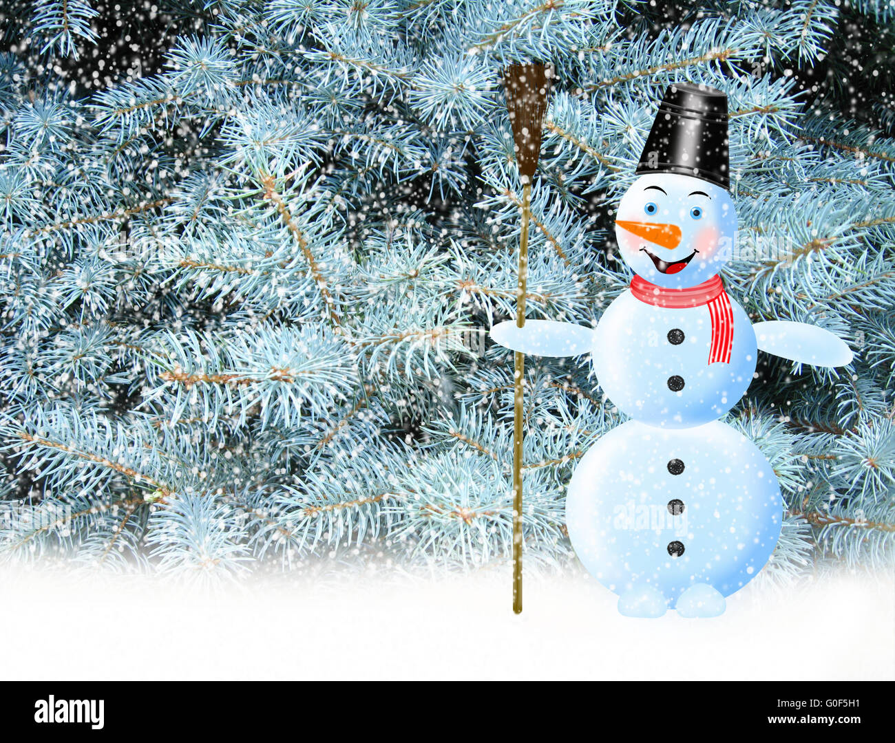 snowman and snow falling on the background of New Year tree Stock Photo ...