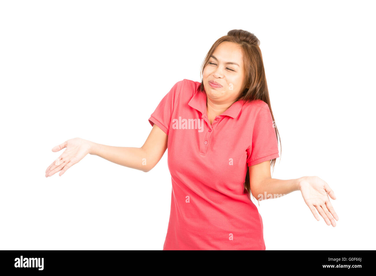 Laughing Asian Woman Shrugging Shoulders Stock Photo - Alamy