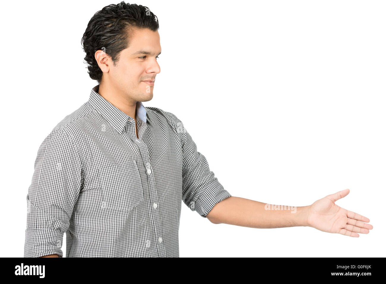 Offering Handshake Smiling Hispanic Man Away Side Stock Photo - Alamy