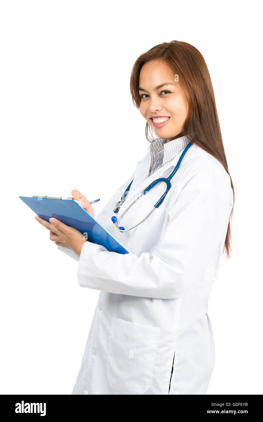 Female Asian Doctor Smiling Writing Side At Half Stock Photo - Alamy