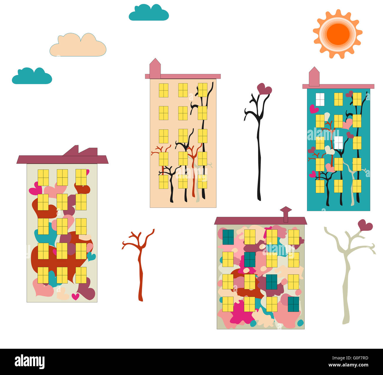 Colorful apartment buildings with drawings isolate Stock Photo - Alamy