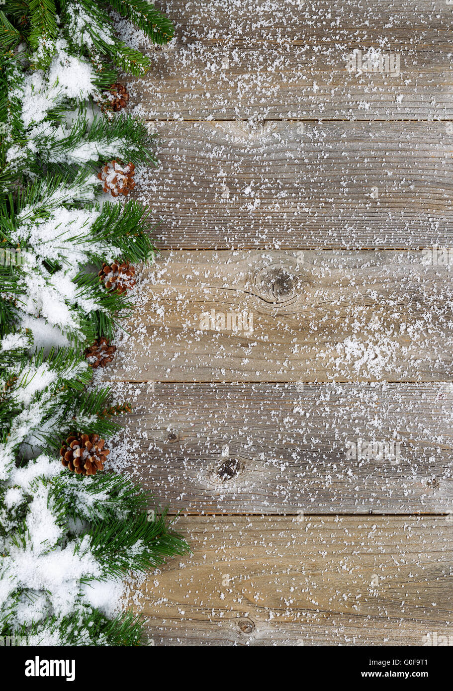 Christmas border with snow covered evergreen branches on rustic wooden ...