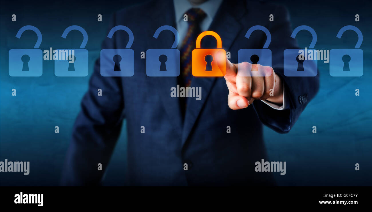 Locking A Virtual Lock In A Lineup Of Open Locks Stock Photo - Alamy