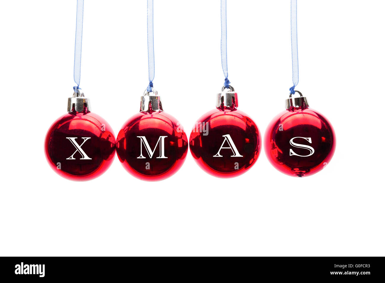 Word xmas on red christmas balls hanging on white background Stock ...
