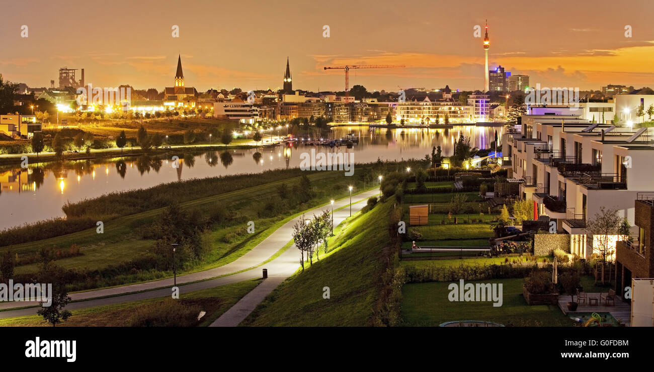 Phoenix Lake with residential areas and the Florian Tower at sunset ...