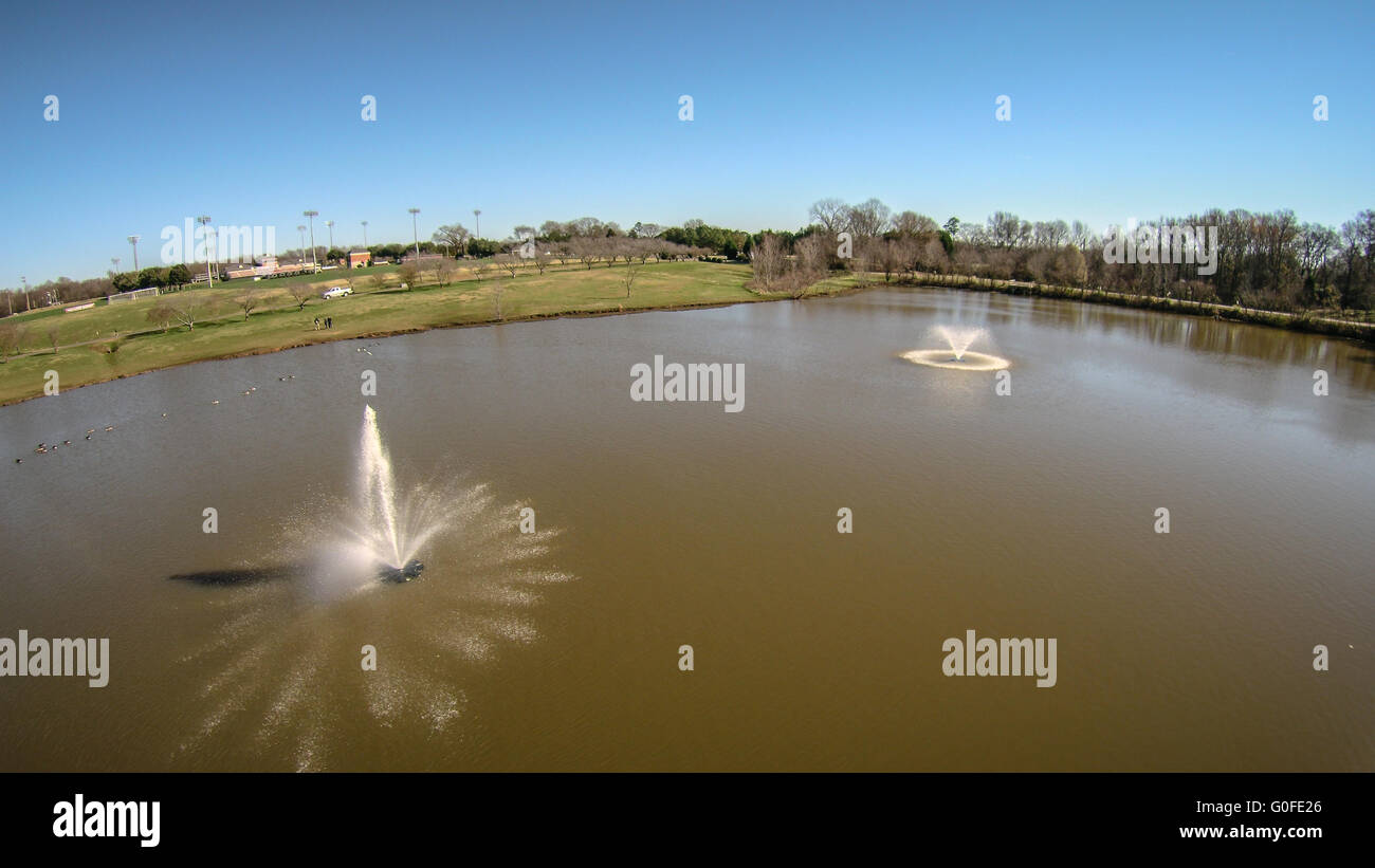aerial view of water pond aeration fountain Stock Photo - Alamy