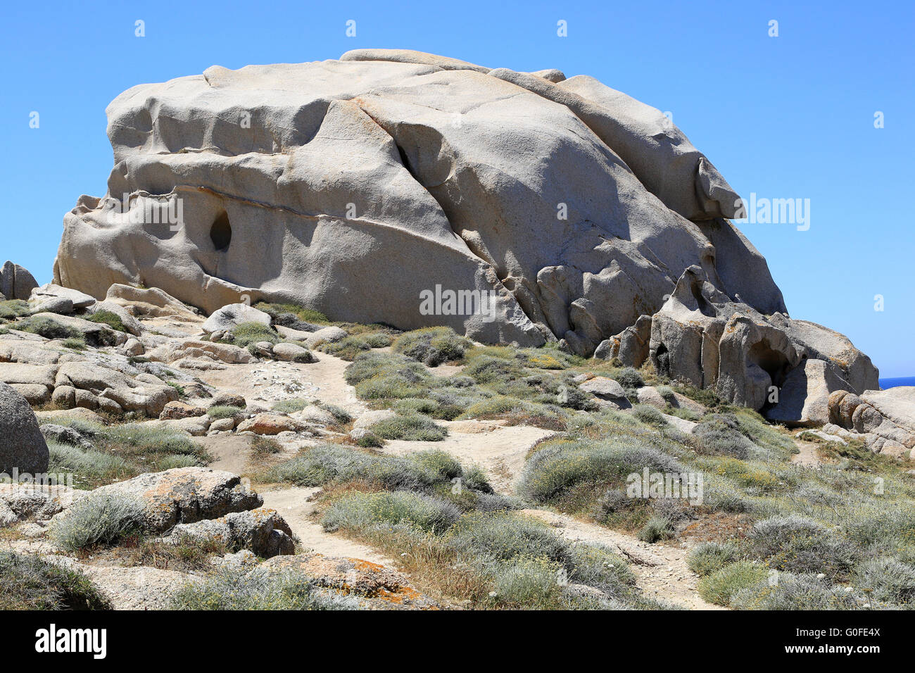 Washed granite boulders and typical coastal vegetation in Capo Testa on ...