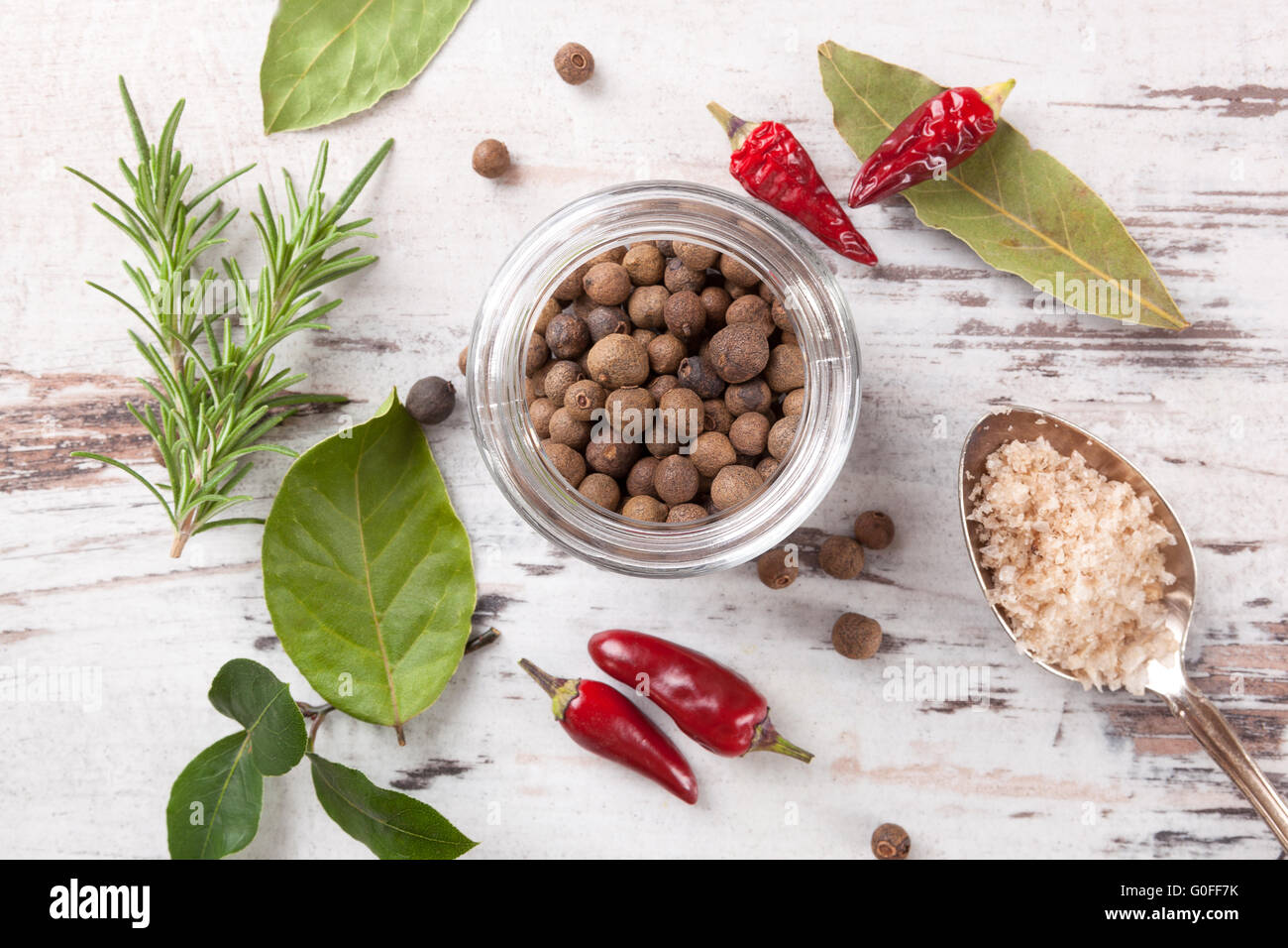 Spice and condiments background Stock Photo - Alamy